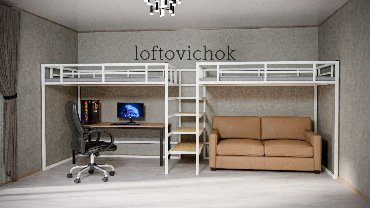 Кровать - чердак "Florida " 80*200*190 см белая , лофт , двойная , металлическая