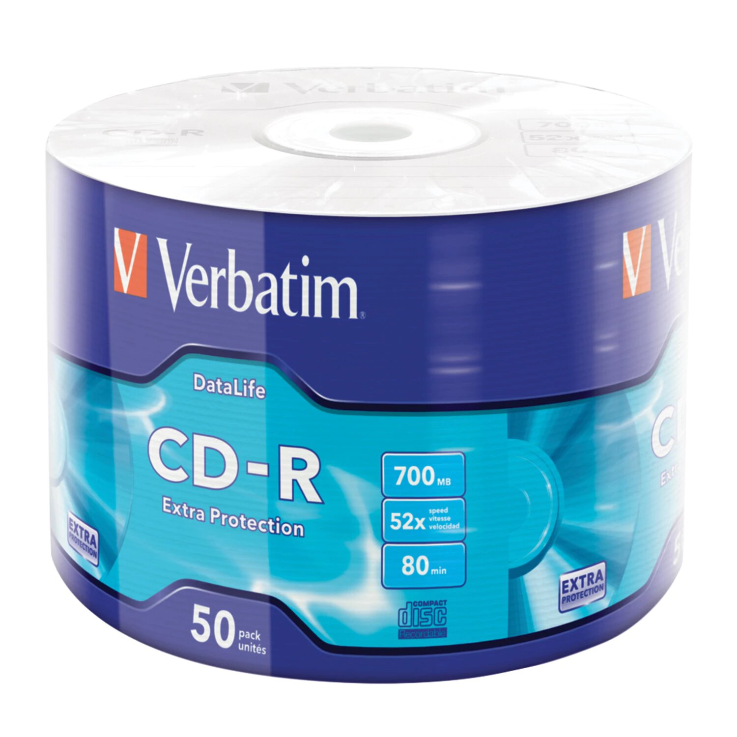 Диски CD-R VERBATIM DataLife, 700 Мб 52x Bulk (термоусадка без шпиля), комплект 50 шт, 43787