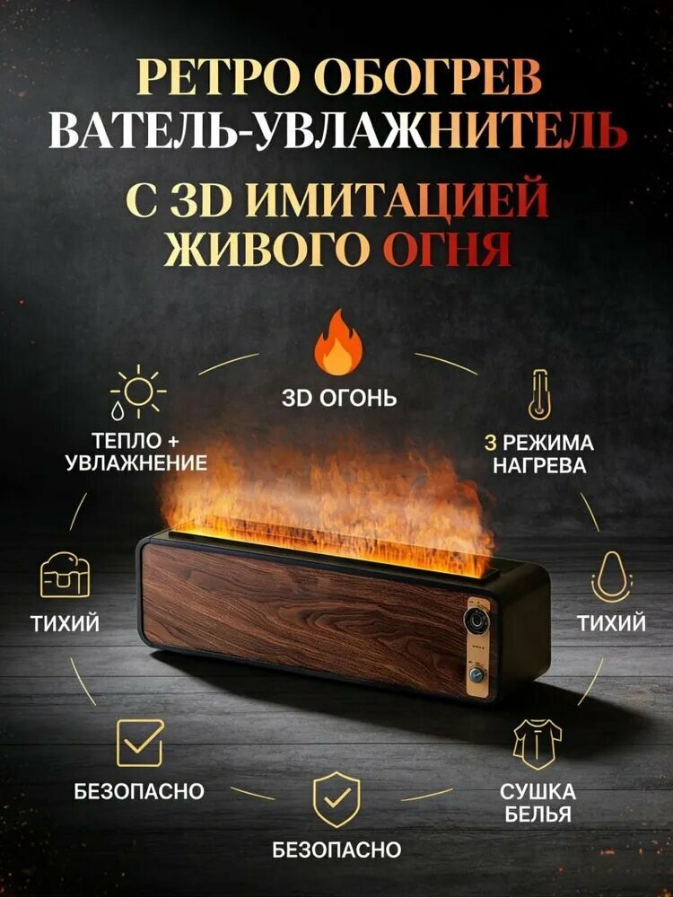 Ретро обогреватель-камин с 3D-эффектом пламени и увлажнителем: 2-в-1, 1550 Вт, 2.1 л, 3 режима нагрева. Создайте уютную атмосферу!