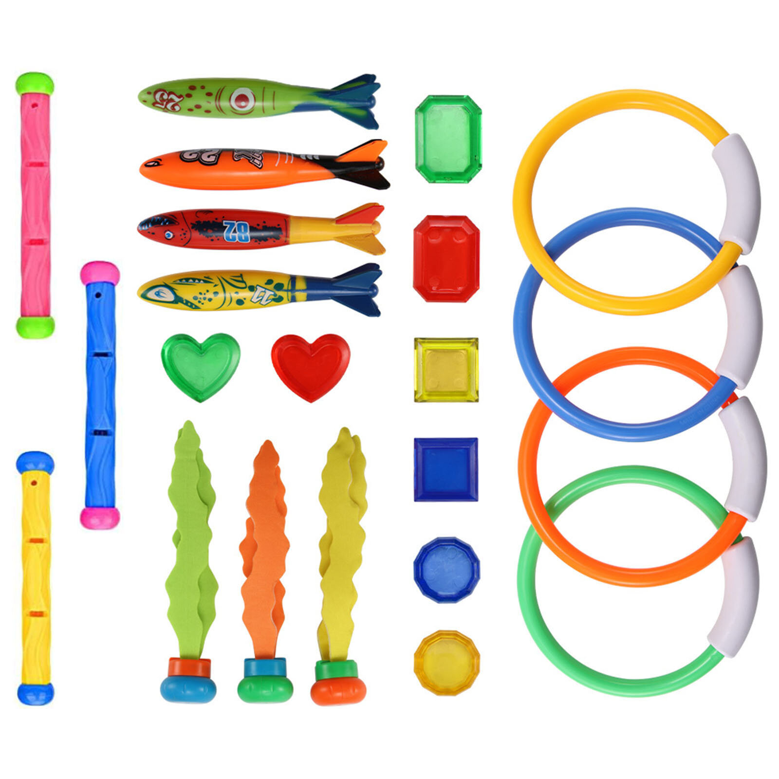 22 штуки Дiving Pool Toys для детей 3-12 лет, Большой набор с сумкой для хранения, Игры в бассейне, Летние плавательные водные рыба-игрушки, Включает 4 кольца для ныряния, 4 торпеды для ныряния, 3 водные растения, 8 алмазов для ныряния, 3 длинных