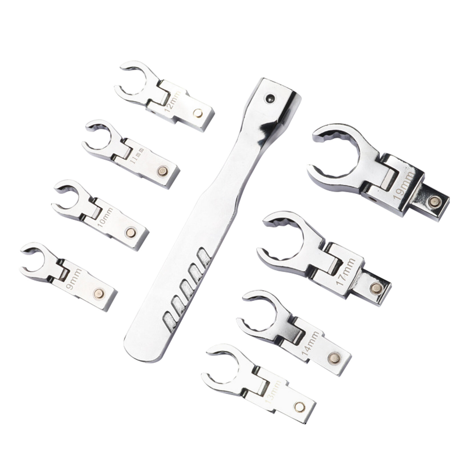 9pcs Ключ накидной с заменяемой головкой гибкий фланцевый гаечный ключ из хромванадиевого стали заменяемая головка клиньчатая гайка, 20pcs опционально, длина ручки 149mm, вес упаковки 633g, размер упаковки 24.5*17.5*2cm