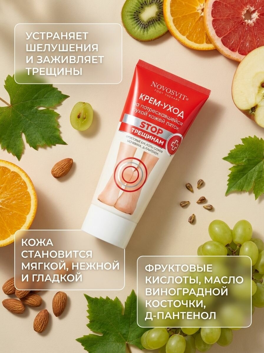 Крем-уход для потрескавшейся сухой кожи пяток с мочевиной и фруктовыми кислотами, глубоко увлажняет питает устраняет шелушения заживляет трещины, 150 мл