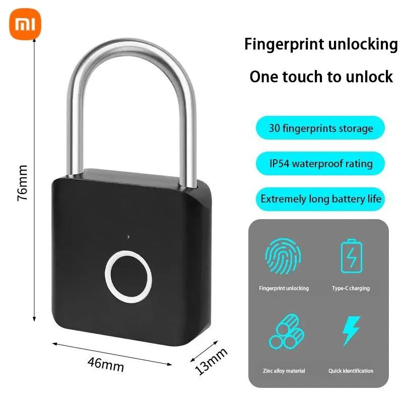 Xiaomi IP54 Умный замок для отпечатков пальцев водонепроницаемый, антикоррозийный и противоугонный для чемоданов, ящиков, шкафов и т. д.