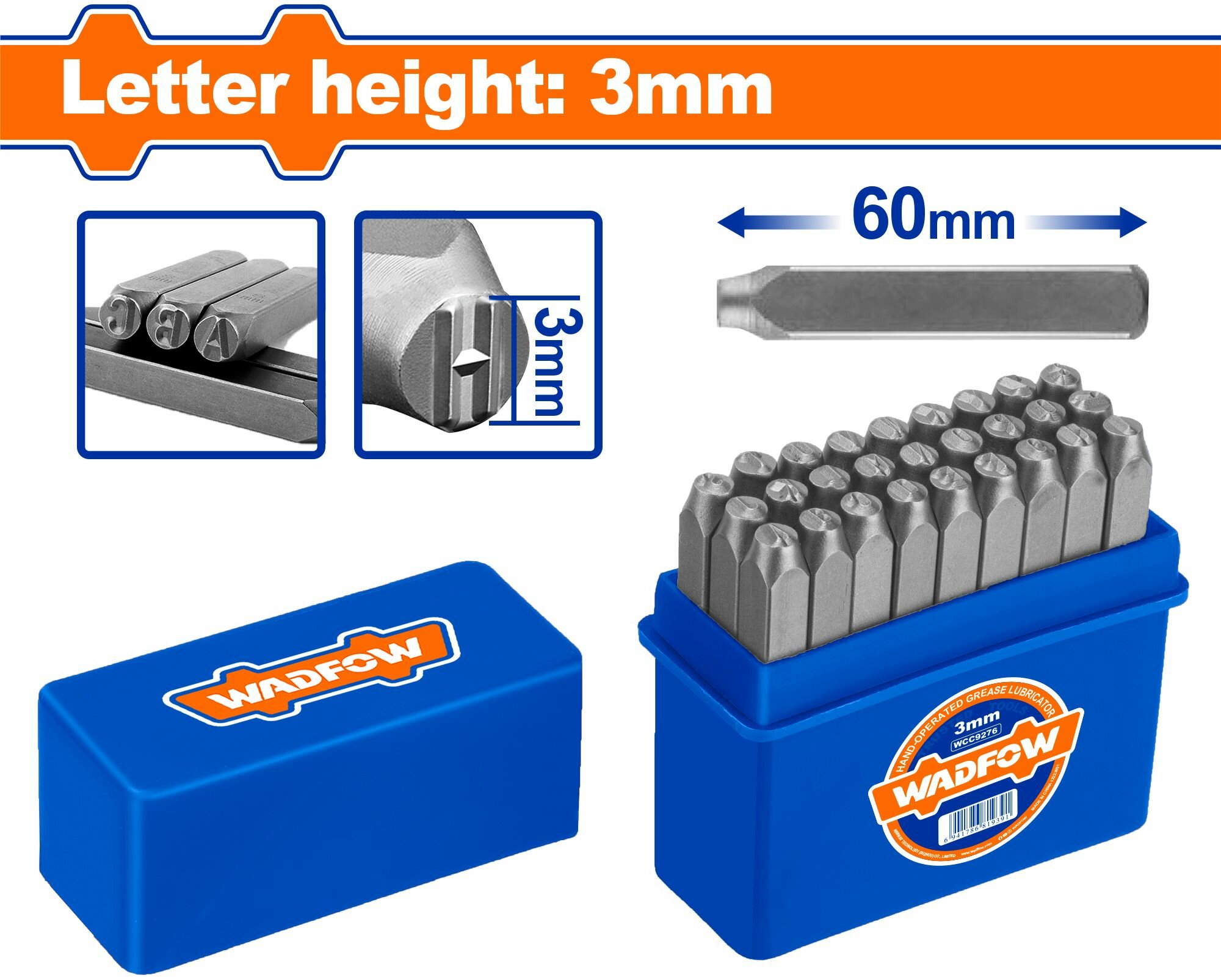 Набор штампов(клейм) ударных "Буквы" латинские 3 мм 27шт "WADFOW"