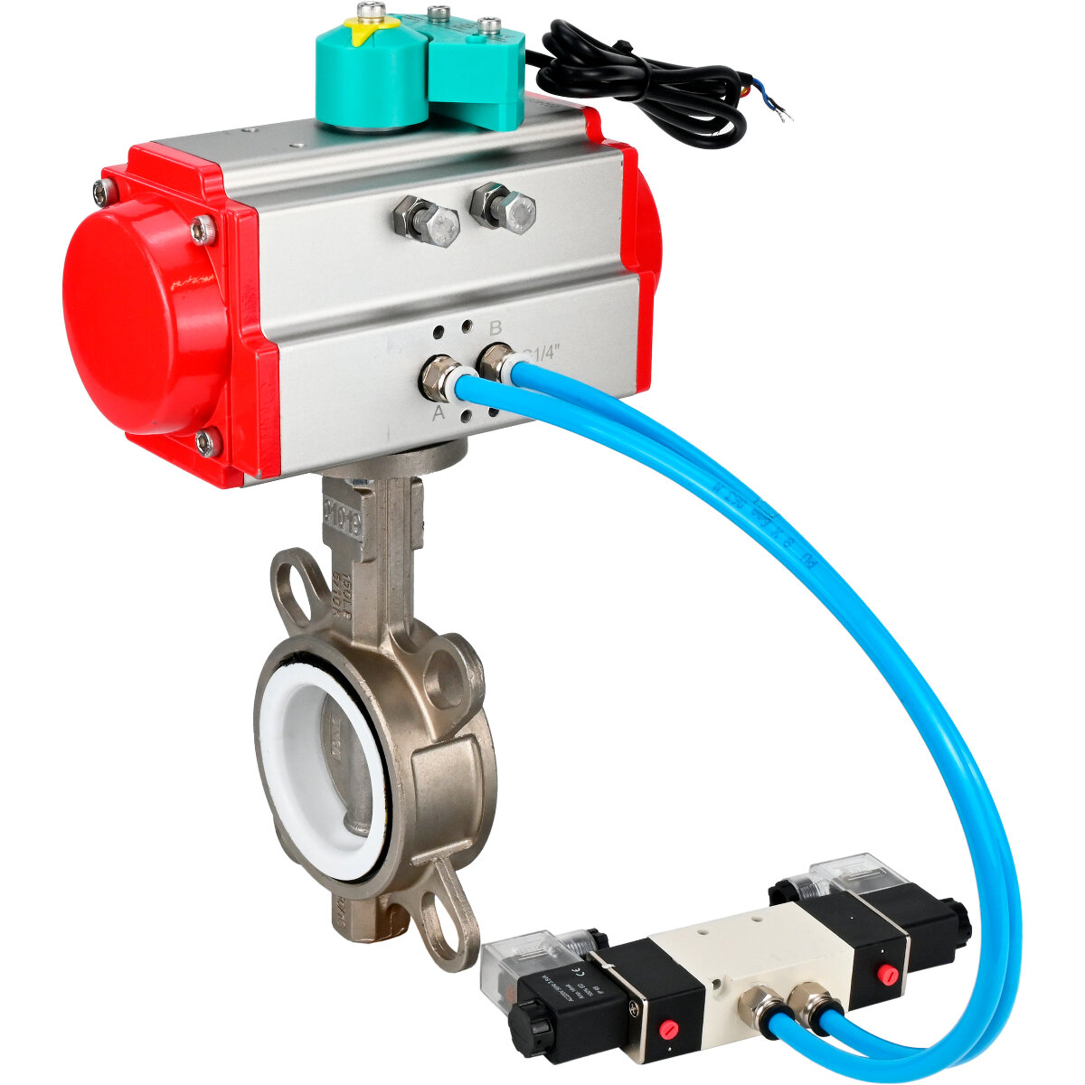 Затвор дисковый поворотный DN. ru 304-304-PTFE-2W-Fb-H Ду80 Ру16 корпус - нерж. сталь 304, диск - нерж. сталь 304, уплотнение - PTFE, с пн. приводом DA-083, пн. распределителем PND1-S2EM-52-2-T08-220VAC и магнитным переключателем МППП-200