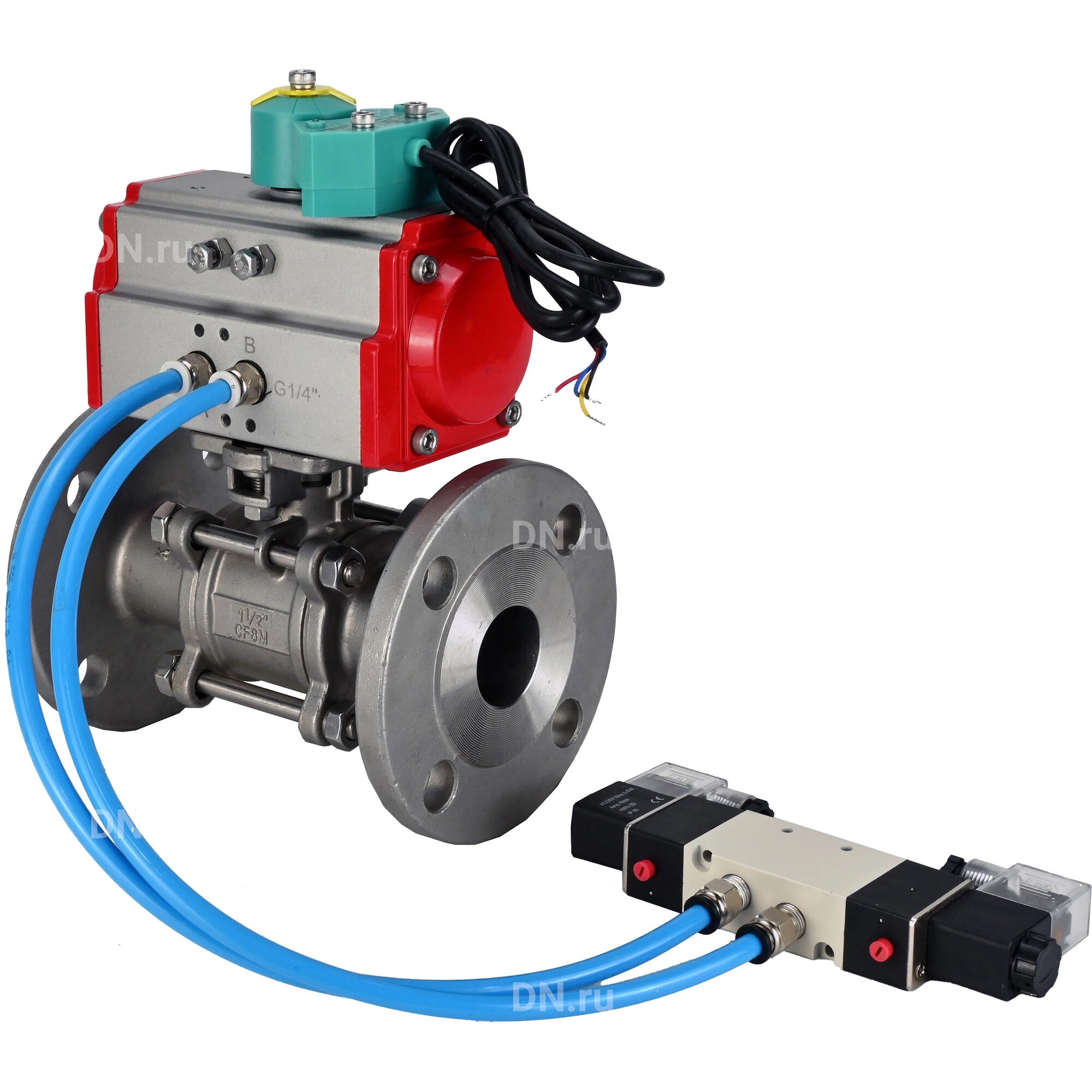 Кран шаровой DN.ru кшфпт.304.180 Ду20 Ру40 полнопроходной, фланцевый, корпус - нержавеющая сталь 304, уплотнение - PTFE, с пневмоприводом DA-052, пневмораспределителем PND1-S2EM-52-2-T10-220VAC и магнитным переключателем МППП-200