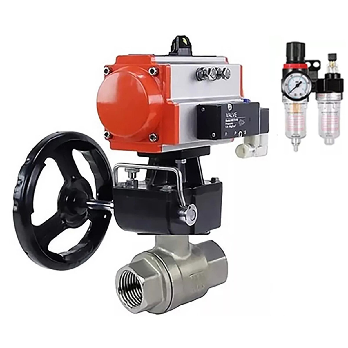 Кран шаровой DN.ru кшмп.316.230-ISO Ду100 Ру40 полнопроходной, внутренняя резьба, нерж. сталь 316, уплотнение - PTFE, с пн. приводом DA-083, пн. распределителем PND1-S2EM-52-2-T10-220VAC, БКВ LSB-510-02ExM12-250, ручным дублером HDM-2, БПВ APU1-10-40-V08