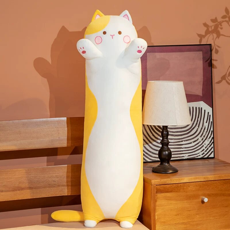 Длинная игрушка-подушка кошки для кровати, 90 см длина, мягкая флисовая ткань, дизайн с белыми и желтыми точками в