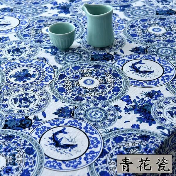 Богемская этническая ткань из хлопка и льна с принтом Синий, blue white porcelain