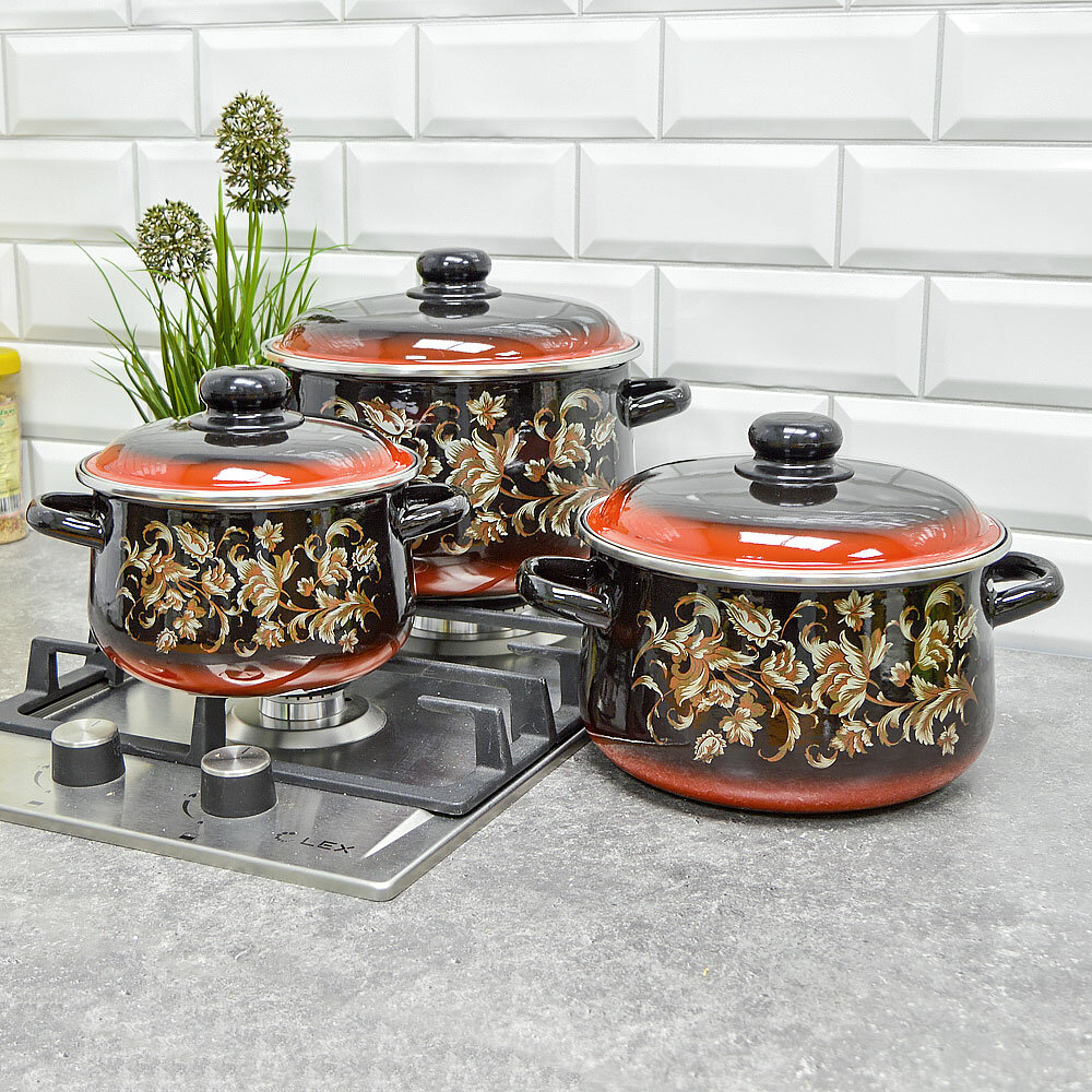 Набор кастрюль "Драгоценный" черный с красным