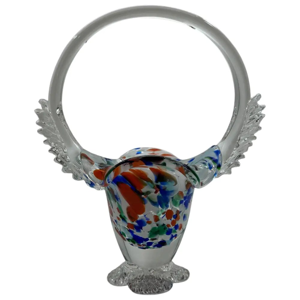 Конфетница - корзинка "Меланж", 20 см, чешское стекло, гутная техника, 1970-1990 г, Чехословакия