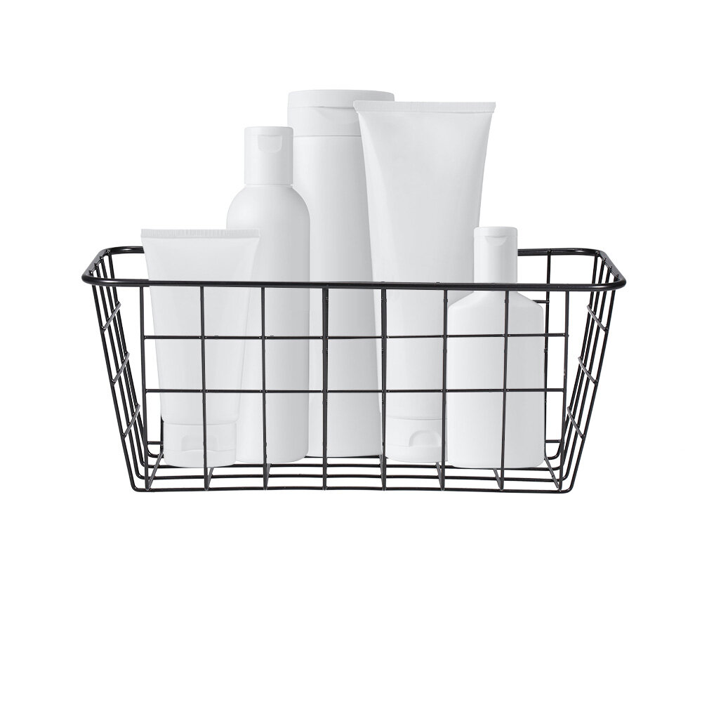 Железная корзина для хранения, настенная органайзер, проволочная подвесная корзина, полка для ванной, для спальни, ванной, прачечной, черный цвет, размер 28.3*10.5*12см, вес 227г, в комплект входят 1 корзина для хранения и 1 стикер