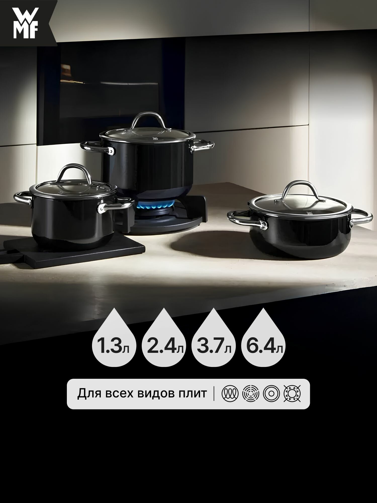 Набор кастрюль из 4 предметов WMF Fusiontec Mineral Black, со стеклянной крышкой