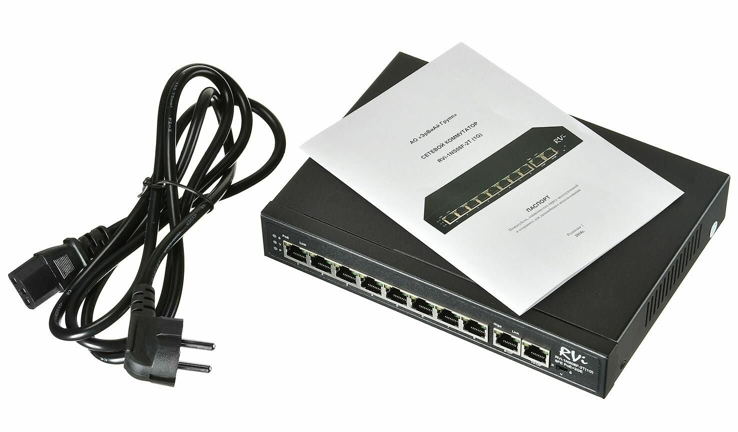 Коммутатор RVi неуправляемый, 10 портов RJ45, скорость 100 Мбит/с, PoE 120 Вт