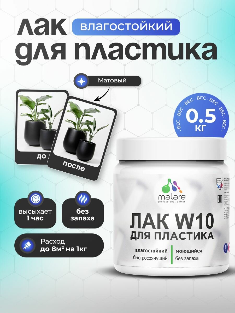 Лак для защиты пластика Malare акриловый моющийся быстросохнущий, матовый, 0.5 кг