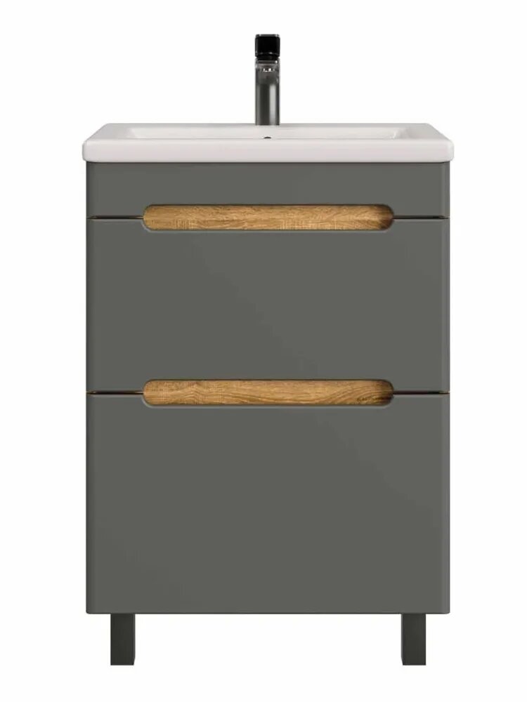 Тумба под раковину без столешницы SanStar Diva 60 напольная, серая, светлое дерево, матовая, из МДФ, тумба для ванной, с ящиками