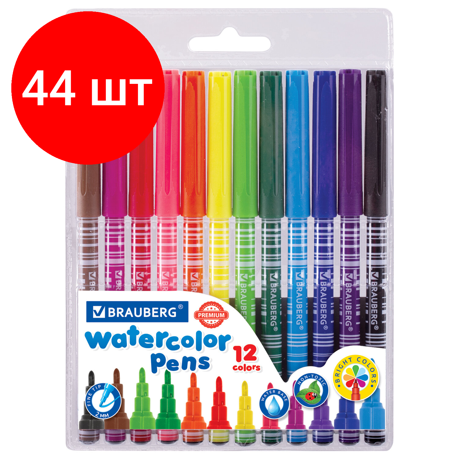 Комплект 44 шт, Фломастеры BRAUBERG "PREMIUM", 12 цветов, корпус С печатью, вентилируемый колпачок, ПВХ-упаковка с европодвесом, 151942