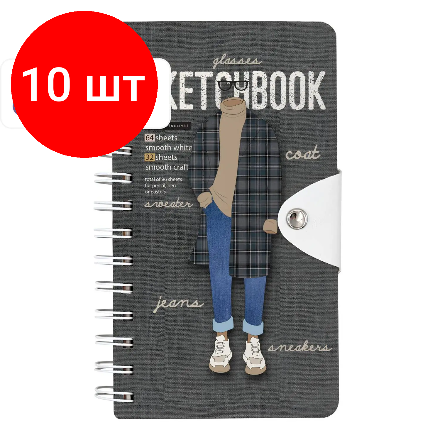 Комплект 10 штук, Блокнот для набросков на гребне А6+, 96л, в ассортименте 8 дизайнов 3-563