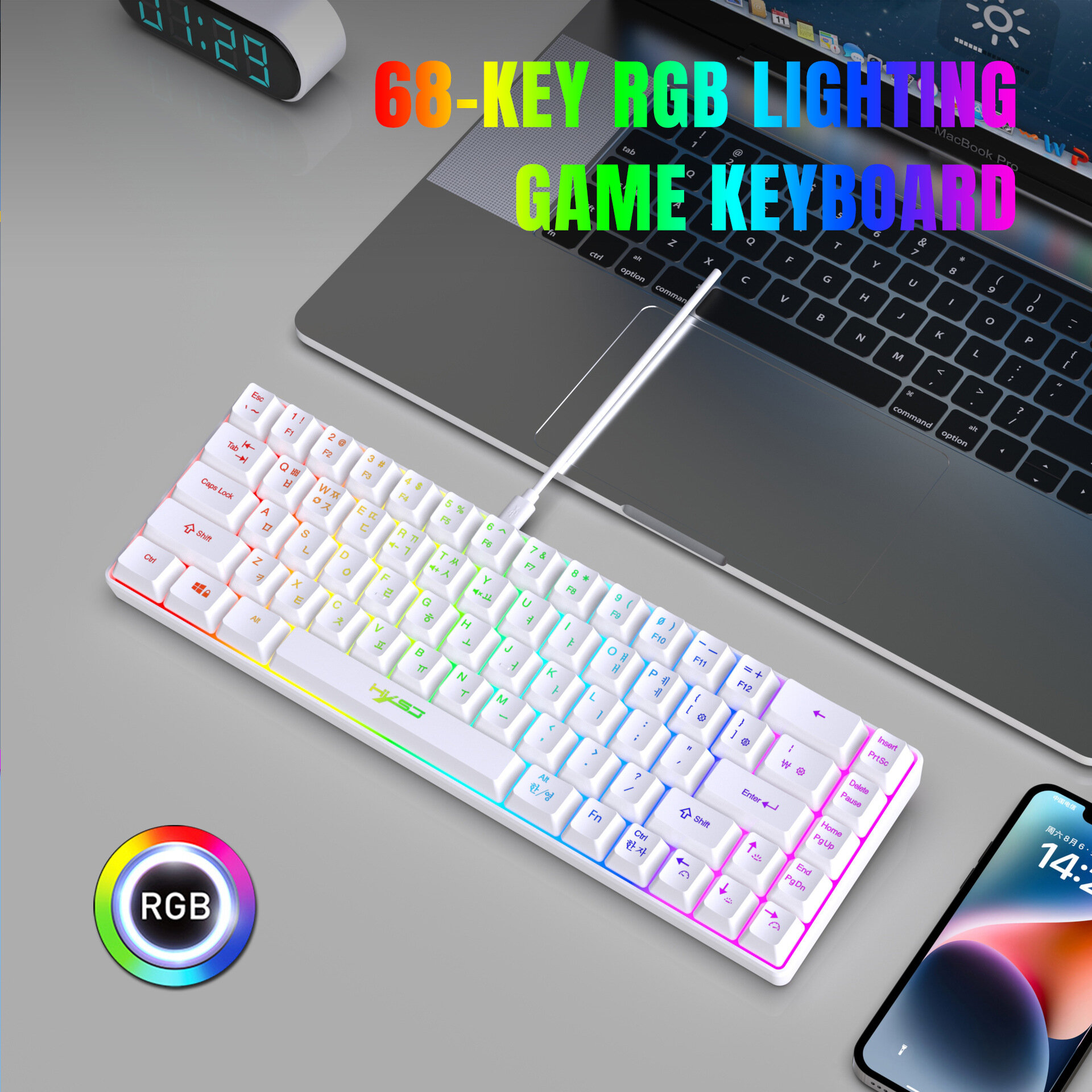 Подключаемая к ПК мембранная игровая клавиатура с корейской раскладкой 68-клавиш, модель V200, белая, компактная
