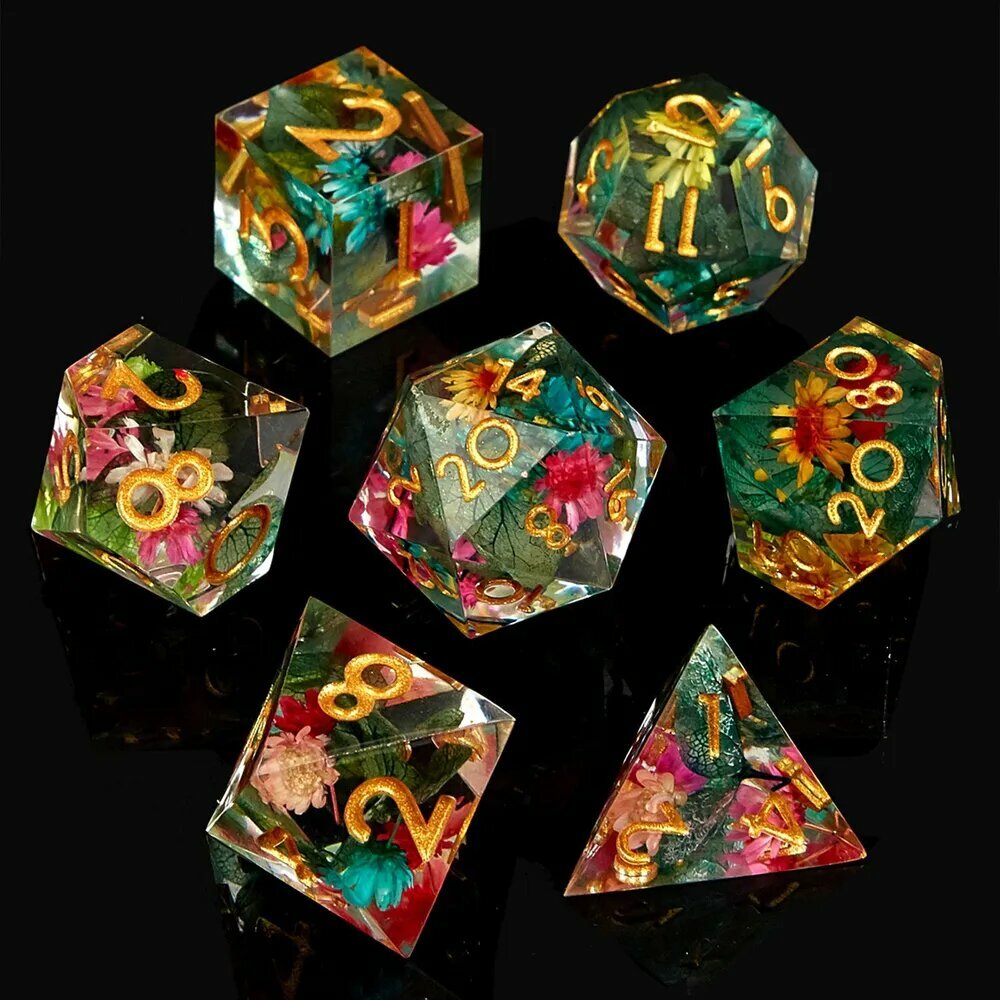 Кубики днд прозрачные: Набор дайсов для DnD, 7 шт. Кости игральные для Dungeons & Dragons, острые грани, смола, золотые цифры
