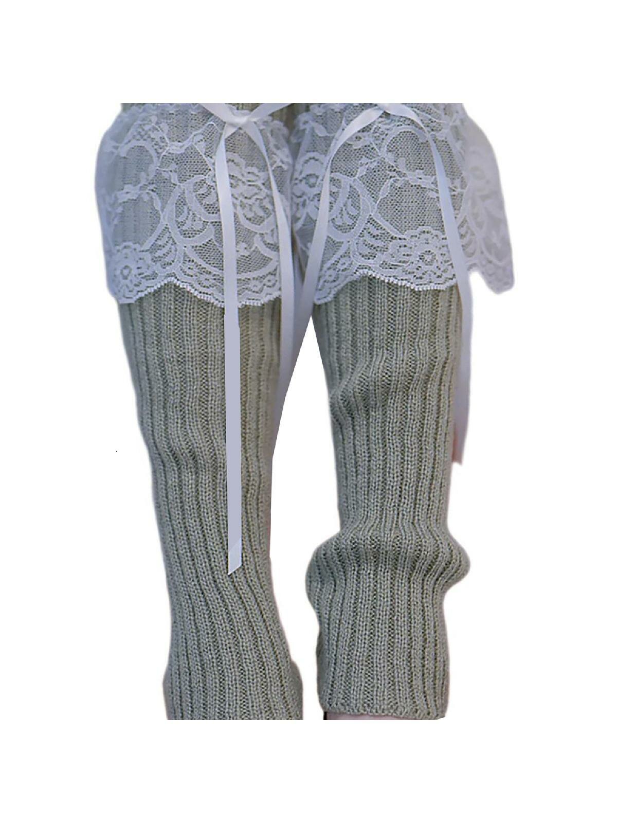 Женские вязаные гольфы с кружевной отделкой, Серый