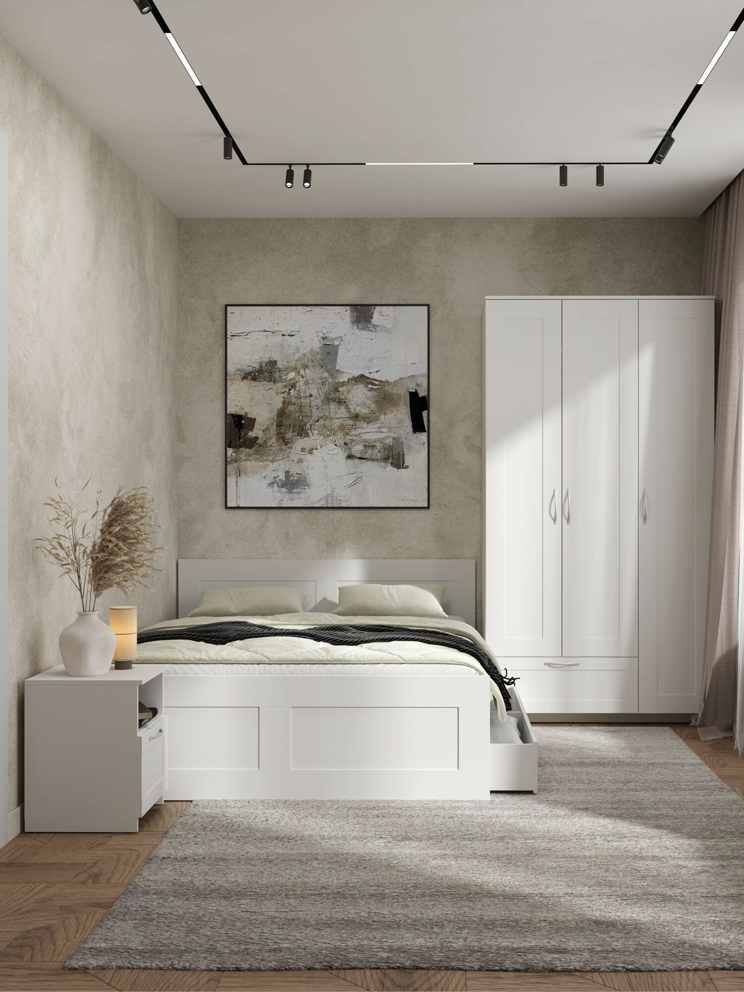 Спальный гарнитур, комплект Нари с кроватью, с тумбой, со шкафом, Белый