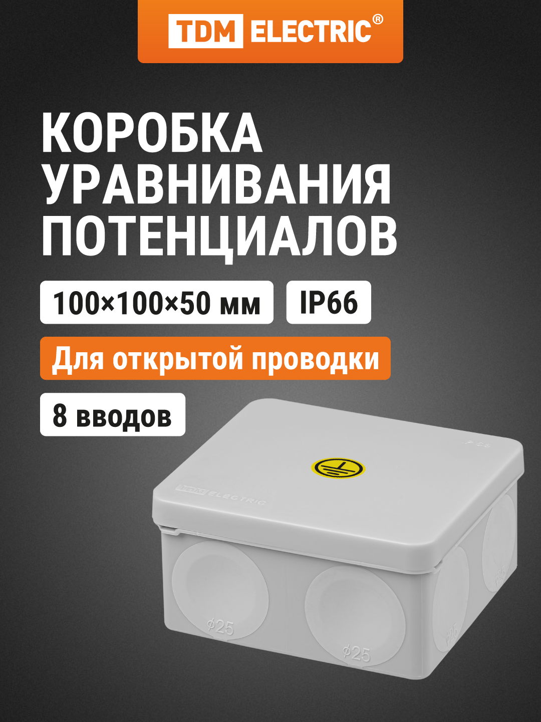 Коробка распределительная уравнивания потенциалов (КУП) двухкомп ОП 100х100х50 мм, шина 6х9, 8 гр, IP66 TDM Electric
