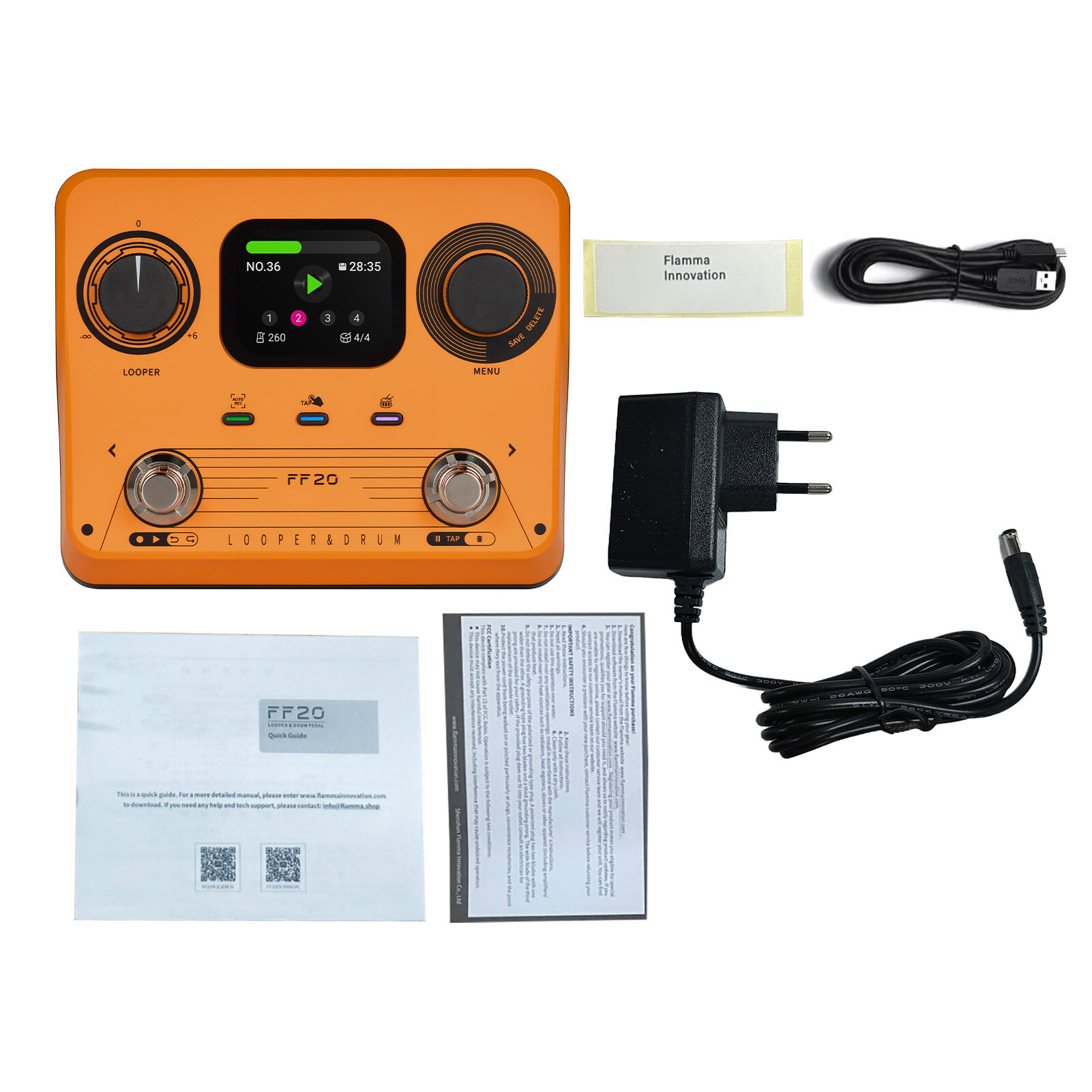 Драм-машина, лупер, гитарная педаль эффектов, двойное управление, стереозапись на 5 часов, 220 ритмических паттернов, технология растягивания времени, электронный процессор, оранжевый цвет, вилка стандарта ЕС.