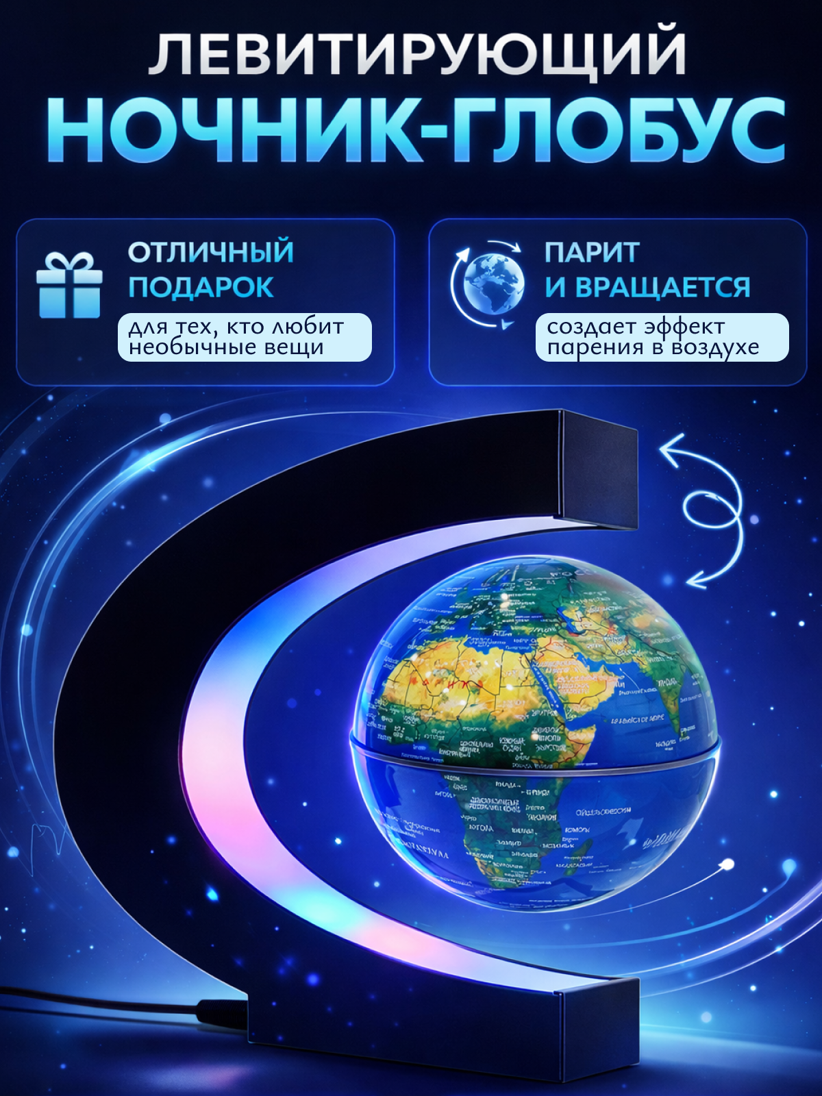 Левитирующий Глобус-ночник от kosmo.store, с подсветкой, диаметр 8 см