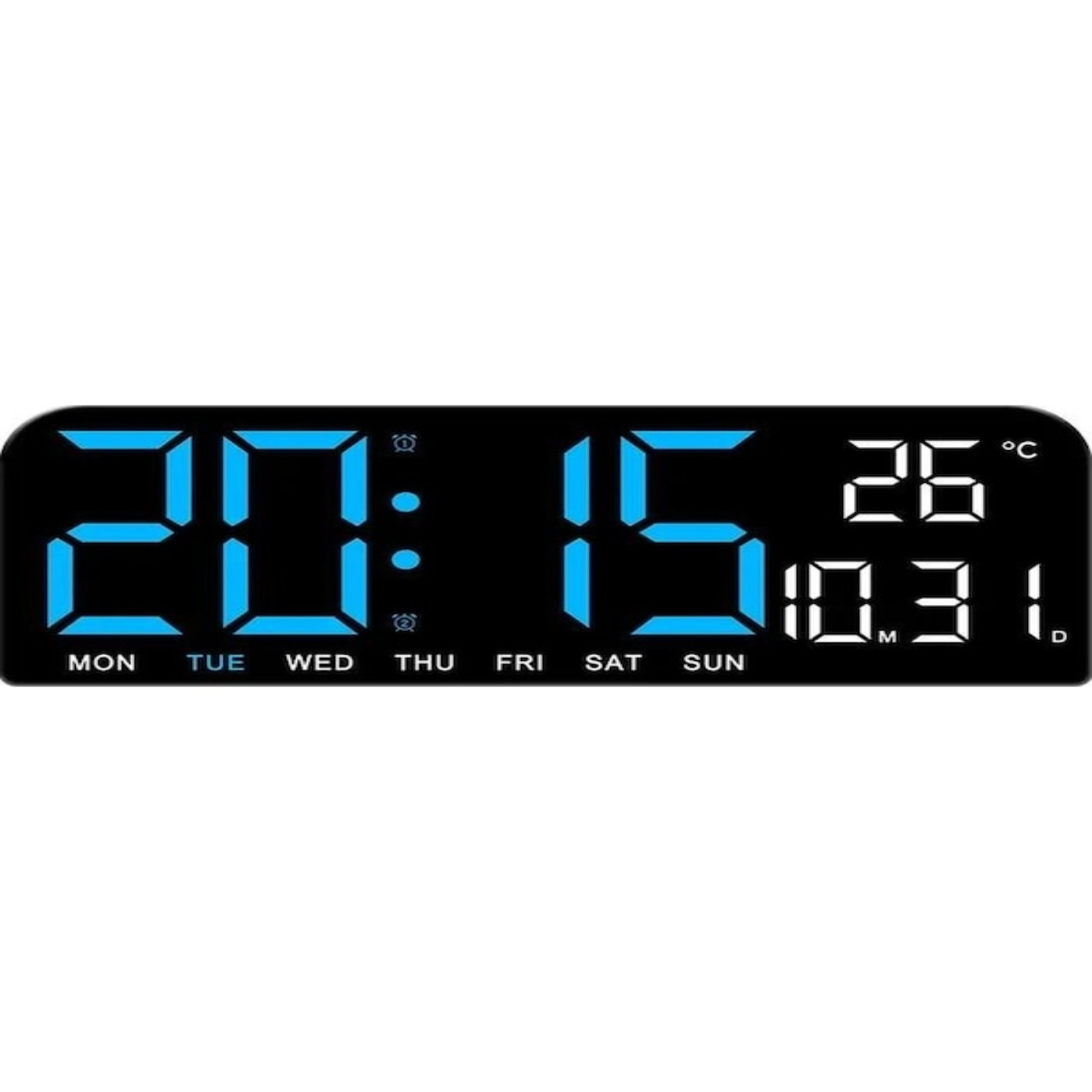 Часы с большим экраном, простые светодиодные настольные часы, креативные часы большего размера, можно ставить на стол или вешать, черный/белый корпус с синим светодиодным дисплеем, вес 326 грамм, материал прочный пластик, размеры 24см × 3см × 9см, в