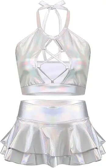 Женские комплекты одежды Rave для фестивалей, комплект из 2 предметов, металлические топы, юбка для вечеринки, клуба, голографический блестящий металлический костюм для сцены, Cos