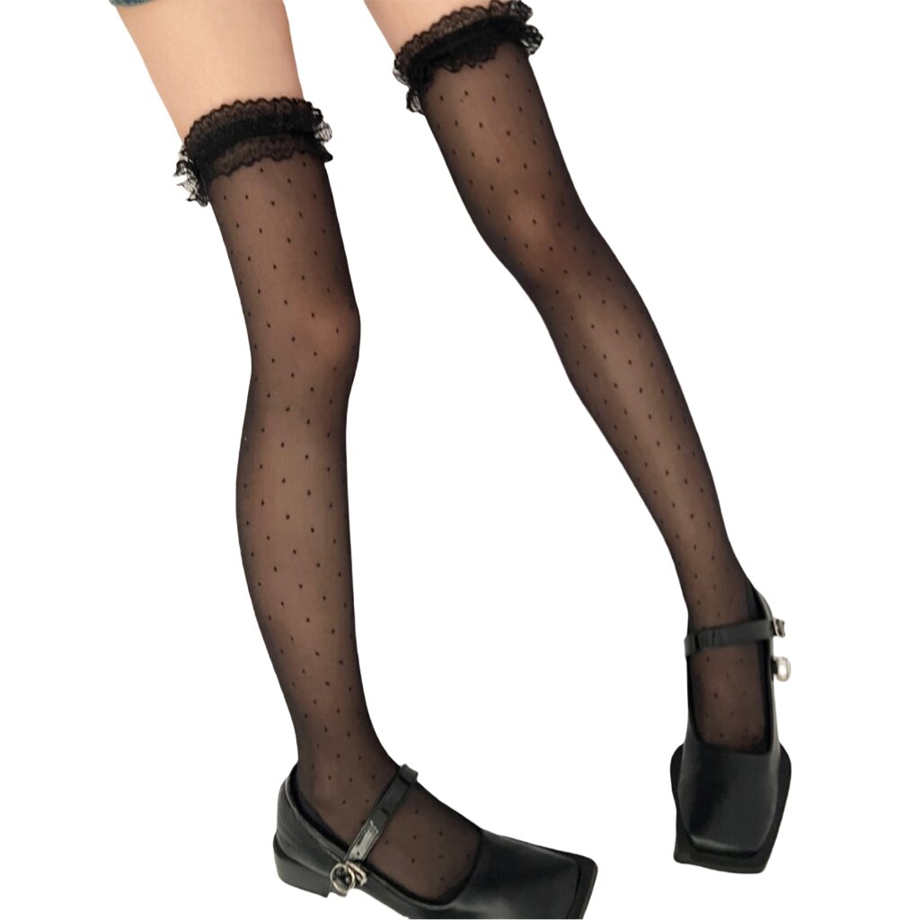 Кружевные гольфы выше колена в стиле "Лолита" -черный горошек