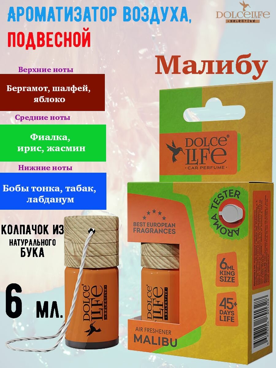 Ароматизатор Tensy, бутылочка с пробкой, Malibu, 6 мл.
