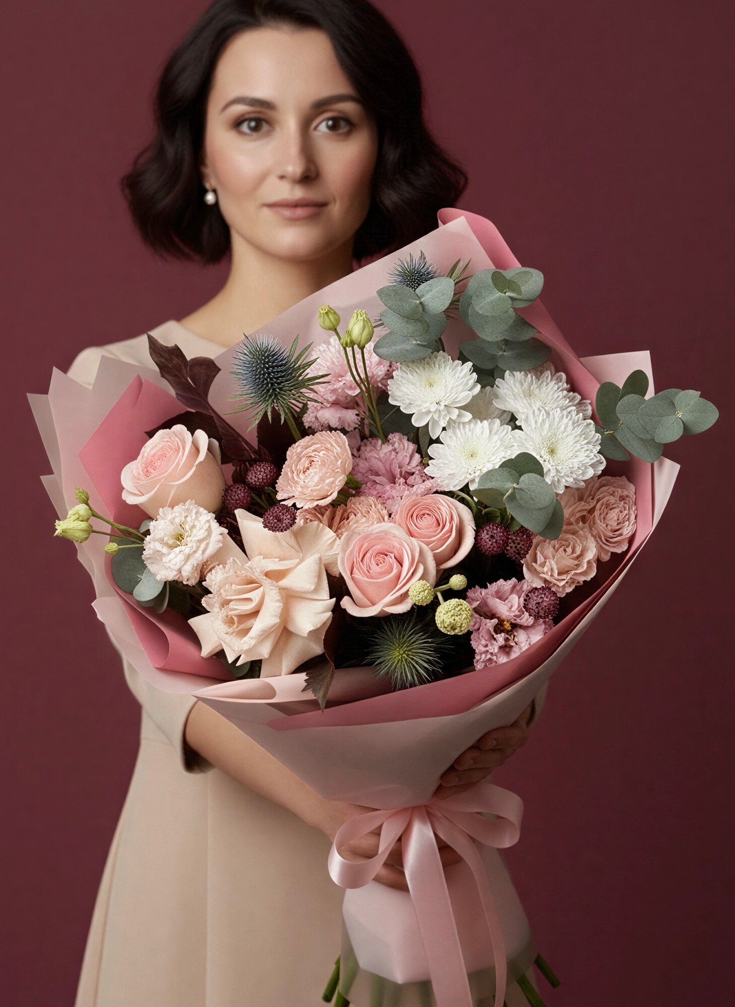 Сборный букет "Нюд" с розами, эустомой и хризантемой для девушки