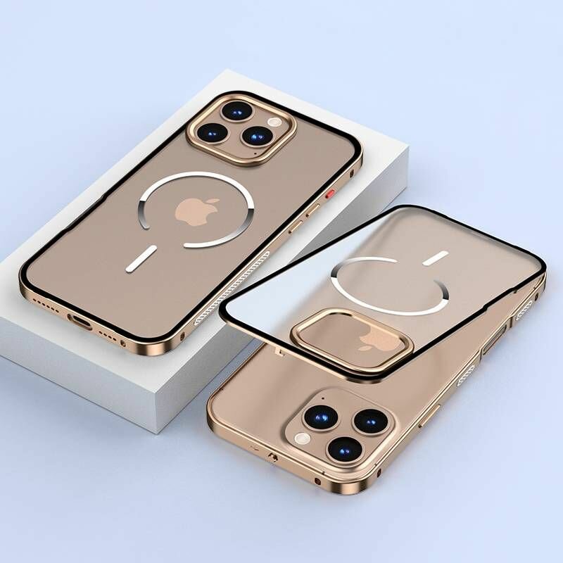 Чехол для Apple iPhone 13 Pro (MagSafe)/ Чехол Айфон 13 Про, с Алюминиевой Рамой, Упругим Замком и Матовой Прозрачной Панелью Обложка, Золото