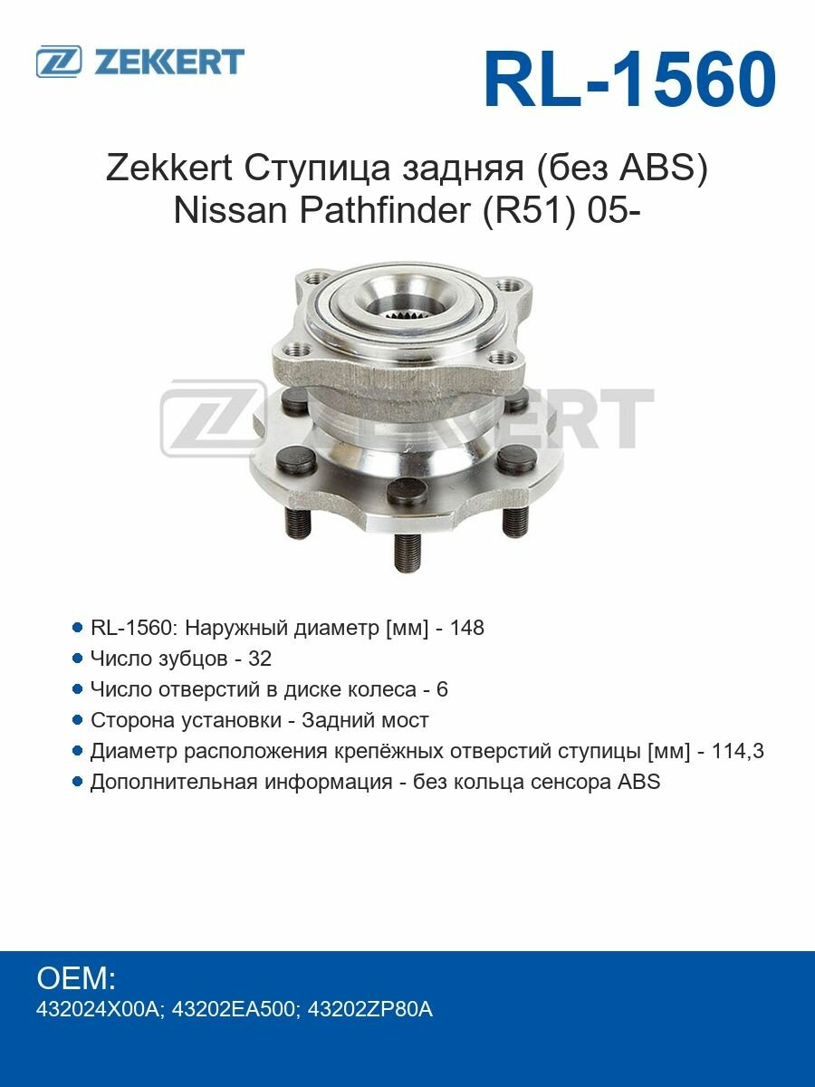 Zekkert Ступица задняя (без ABS) Nissan Pathfinder (R51) 05-