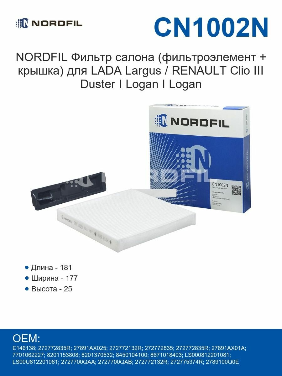 NORDFIL Фильтр салона (фильтроэлемент + крышка) для LADA Largus / RENAULT Clio III Duster I Logan I Logan