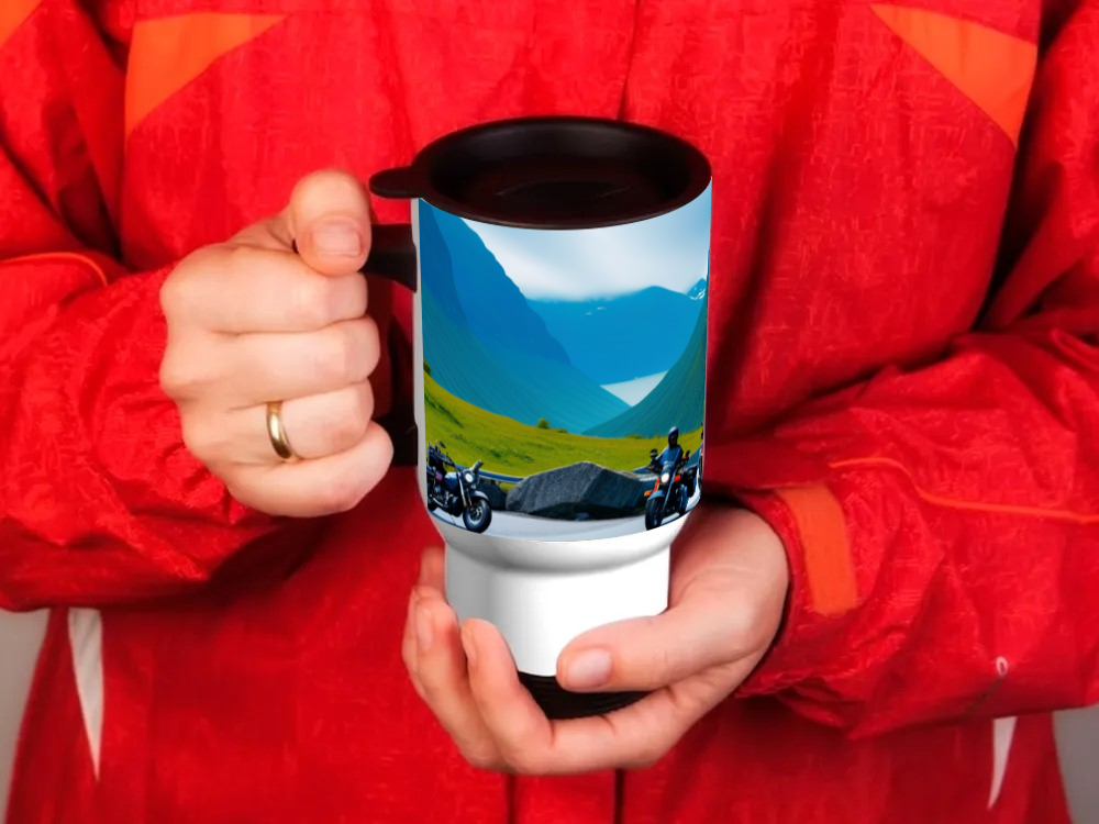 Тремокружка для авто с принтом "Мотоциклы на фоне фьордов и водопадов" 0.5 л.