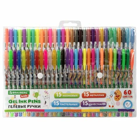 2 шт. Ручки гелевые BRAUBERG KIDS "CUTE ANIMALS", набор 60 цветов, корпус с печатью, узел 1 мм, линия письма 0,7 мм, 144450
