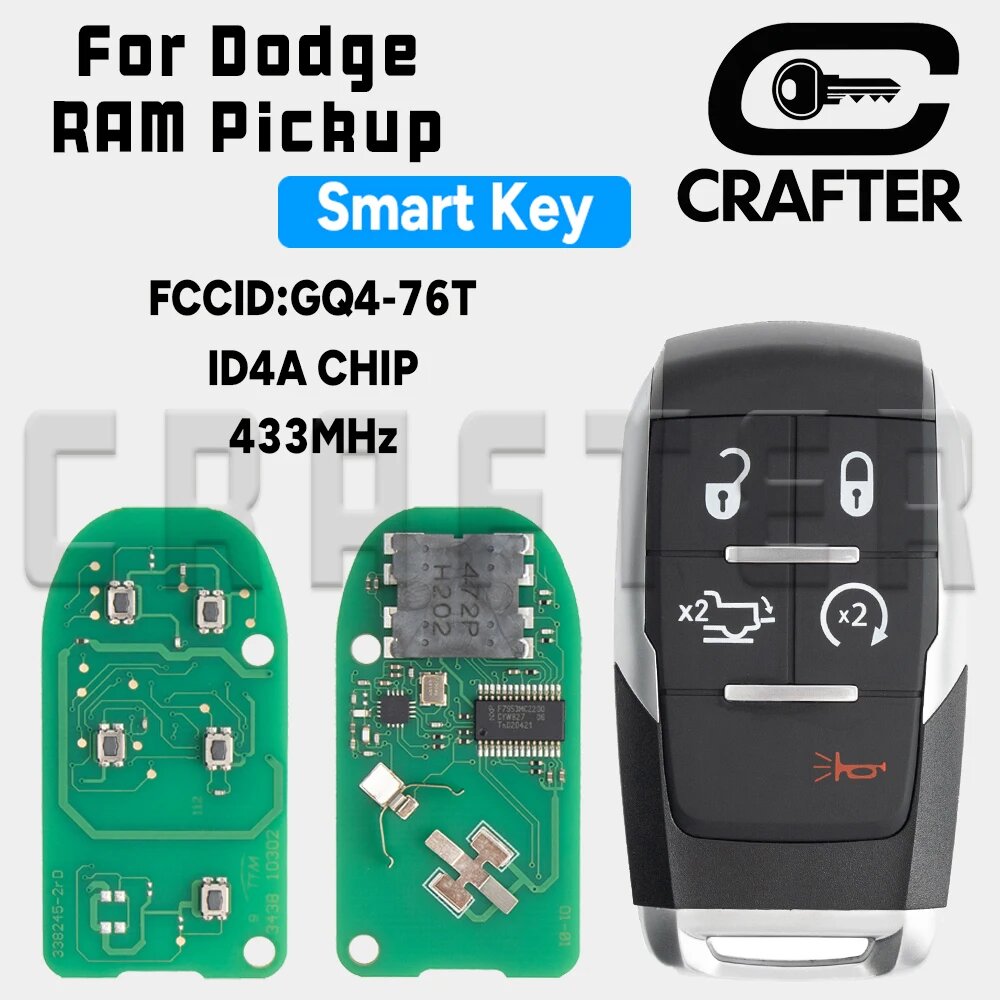 Ключ Crafters GQ4-76T 433 МГц 4A Chip Smart Car Key для Dodge RAM Pickup HD 1500 2500 3500 4500 5500 2019-2021 P/N: 68374994