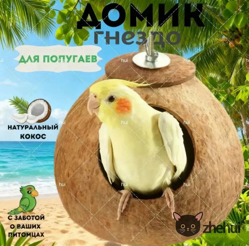 Гнездо для попугая из натурального кокоса и мусора, диаметр кокоса: 10-13 см, 1 шт