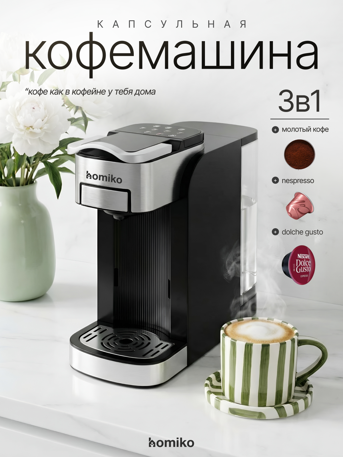 Капсульная кофемашина Homiko CC-02 3 в 1 для Nespresso, Dolce Gusto, молотого кофе, сенсорное управление