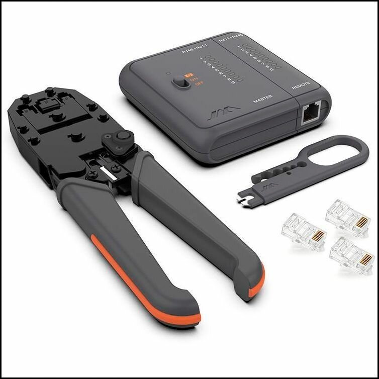 Набор для обжима витой пары JIMIHOME JM-GTW5N, тестер LAN RJ45, обжимные клещи, стриппер для кабелей, комплект коннекторов RJ-45 - 20шт.