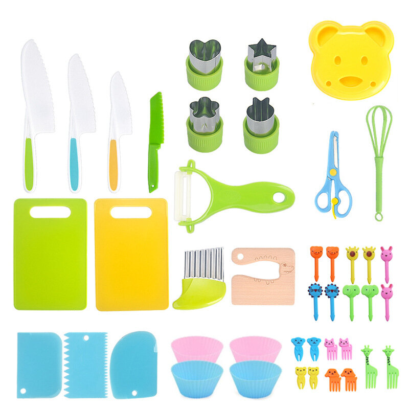 Набор детских ножей, нескользящая разделочная доска, нож для раннего развития, пластиковый набор фруктовых ножей для малышей, игрушечный деревянный нож