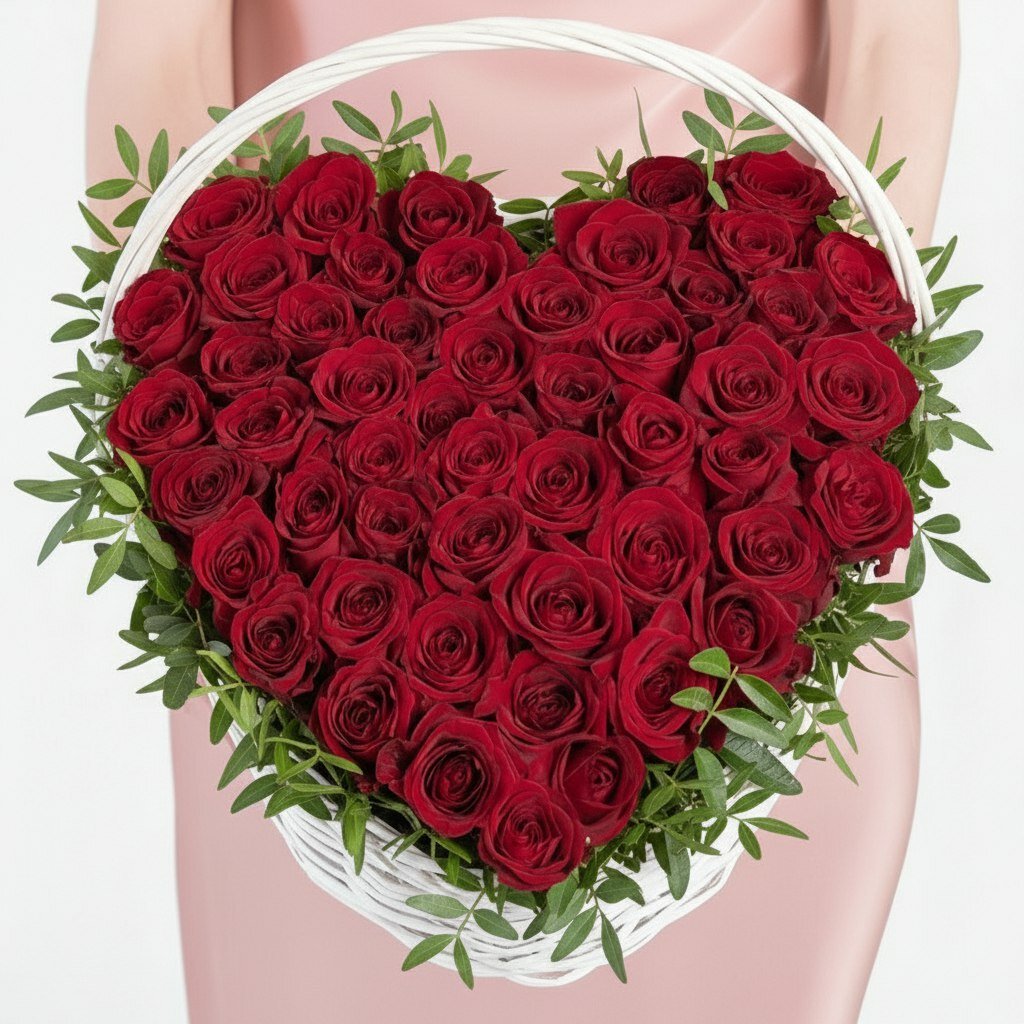 Букет Мегацвет24 " Ред Наоми", 51 шт, красная роза, сборка в корзине сердце