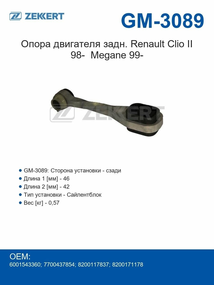 Zekkert Опора двигателя задняя Renault Clio II с 1998 года Megane с 1999 года