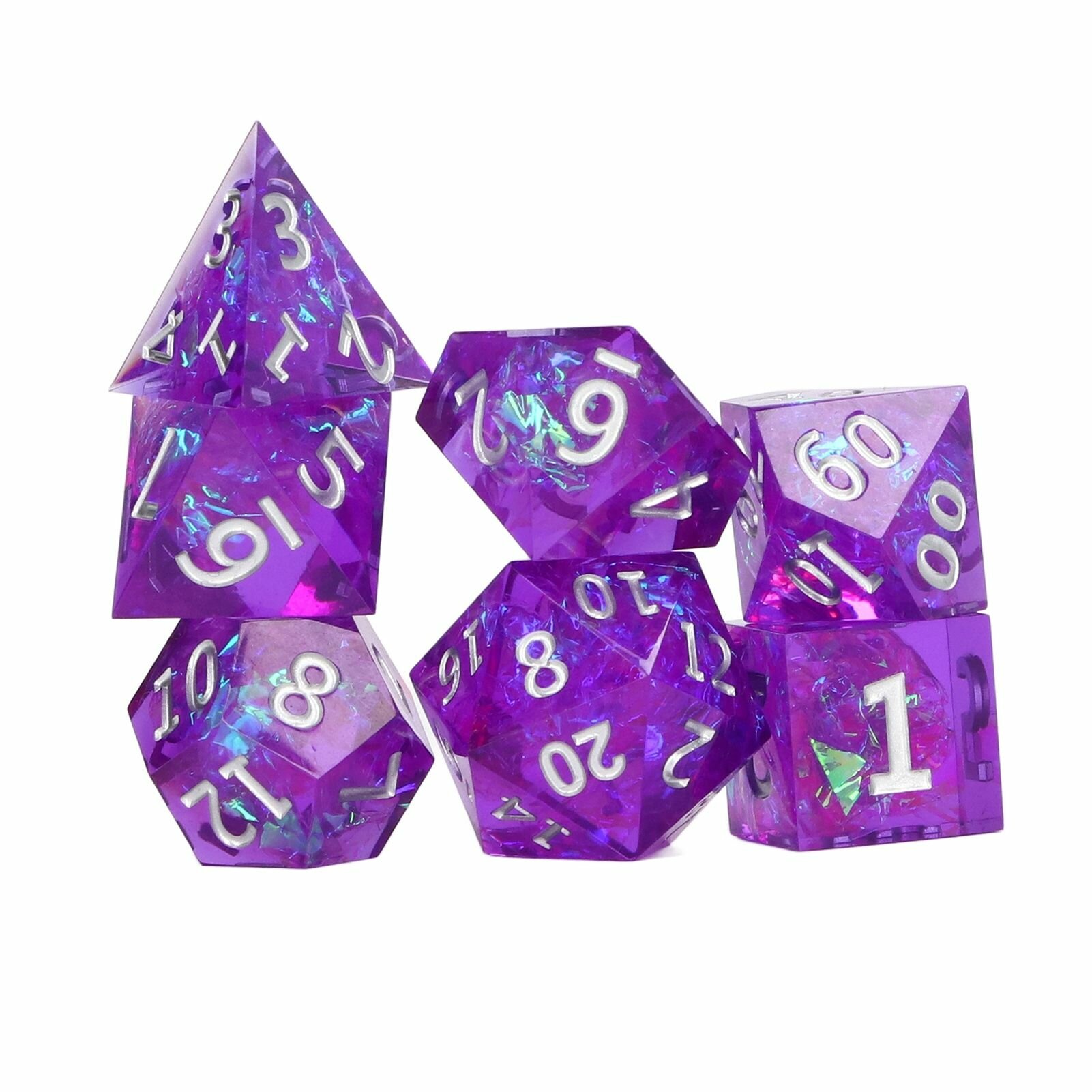 7 многогранных кубиков из эпоксидной смолы, фиолетовые, полированные, для вечерних ролевых игр