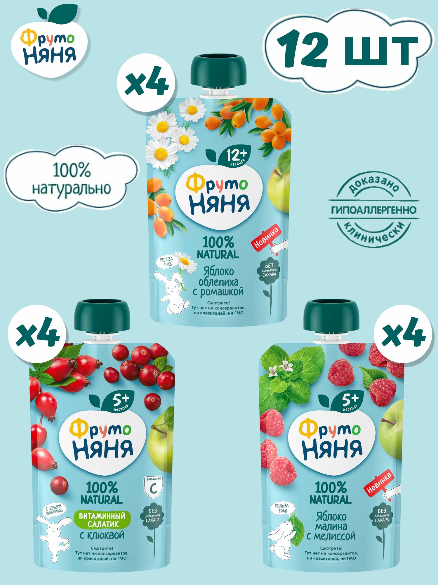Пюре фруктовое ФрутоНяня, набор 12 шт, 90 г, 3 вкуса, без добавления сахара, с 12 месяцев