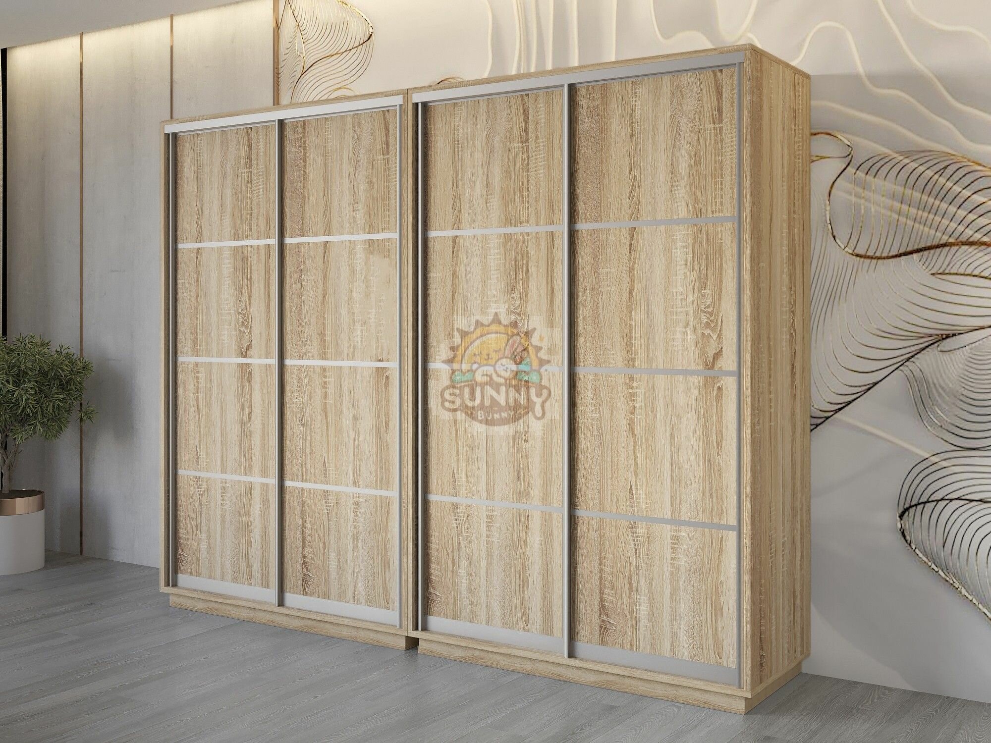 Шкаф-купе Флорида 4дв. (2+2) ЛДСП, профиль серебро, 280х60х220 см. Сонома