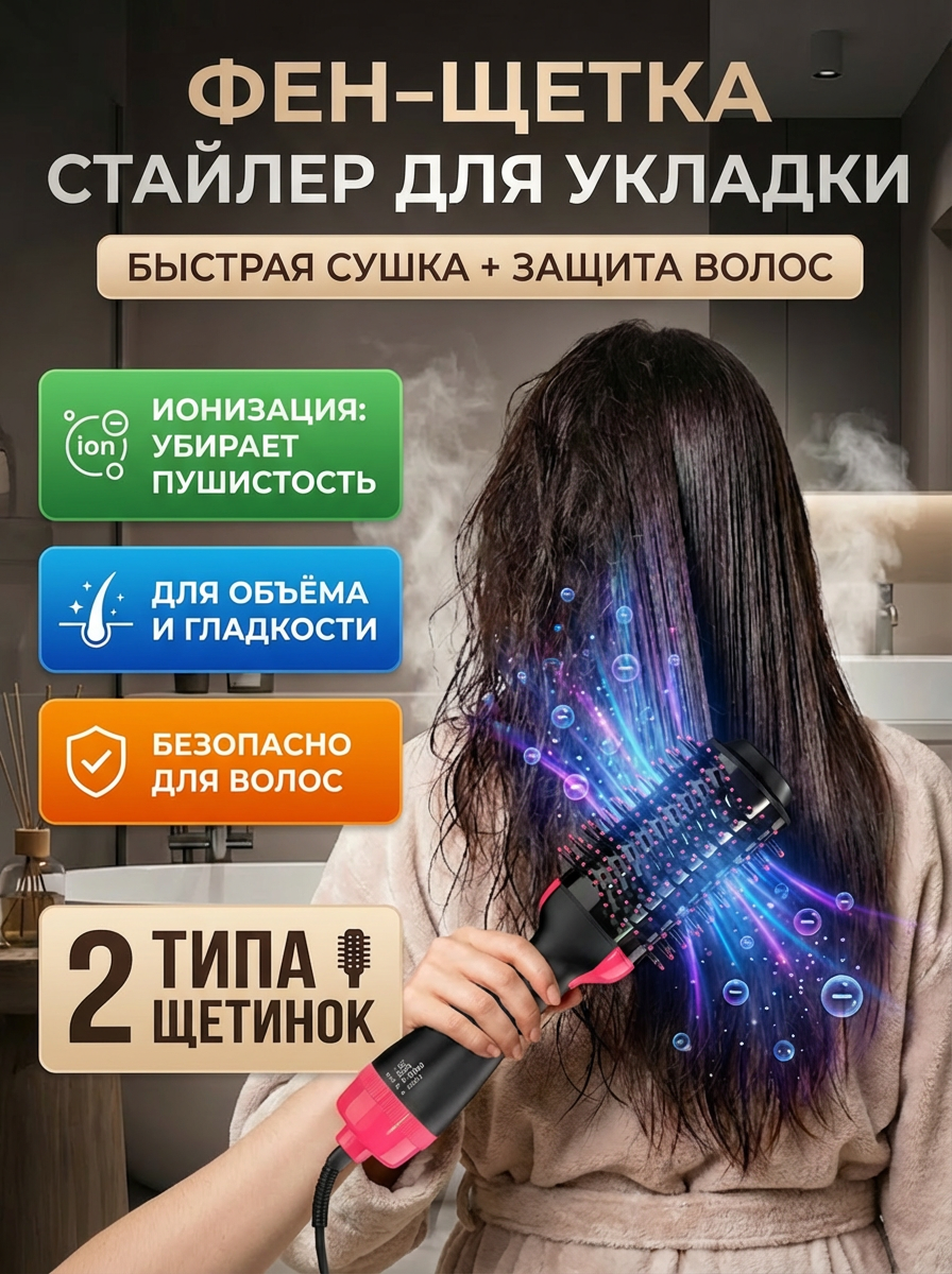 Фен-щетка для волос 3 в 1, Термощетка, Выпрямитель для волос, Стайлер, Расческа
